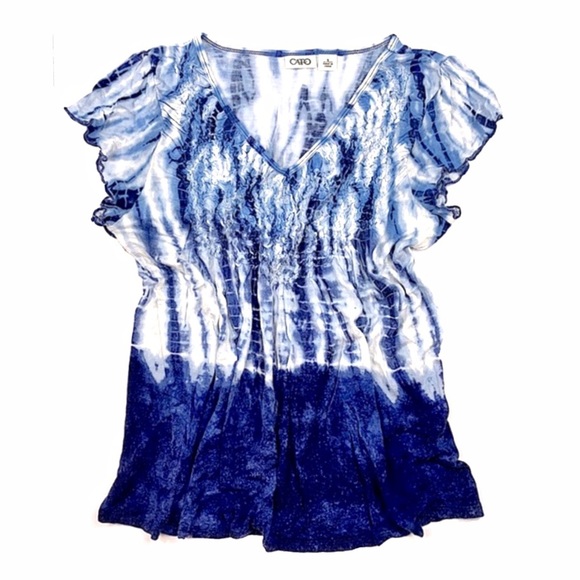 Cato | Tops | Cato Blue Tiedye Smocked Boho Top V Neck Lettuce Hem Ss ...